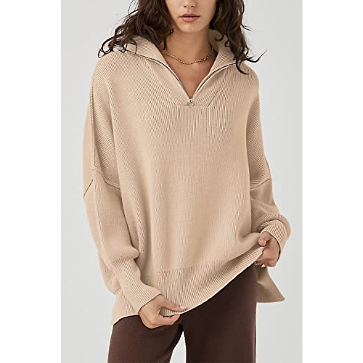 PRETTYGARDEN Women's 2023 Fall Pullover Oversized Sweaters Casual Long Sleeve Zip Up Collared Winter Tops Blouse (Apricot,Small)