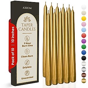 Axiom 10 Count Gold Taper Candles - 10 Inch Dripless - Unscented Smokeless Tall Candle Sticks - 9 Hour Burn Time - Tapered Candles for Home, Centerpieces, Dinners, Weddings, Parties, Celebration