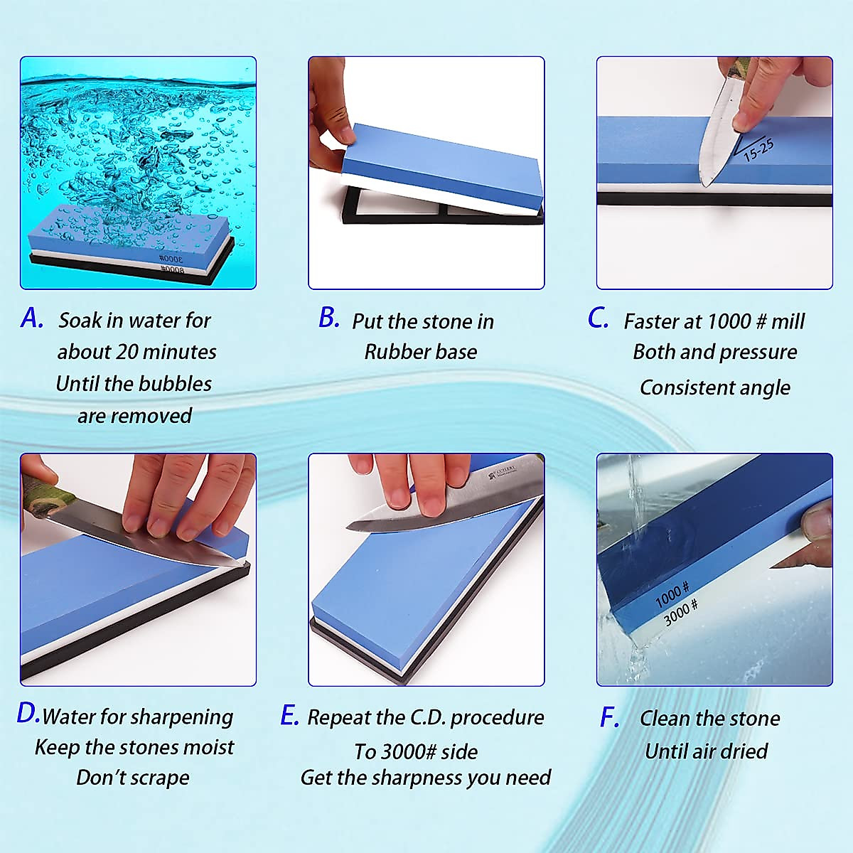 Whetstone Knife Sharpening Stone 1000/3000 Grit, Premium Water-stone Sharpener Kits, Perfectional Knife Sharpener Wet stone Sets for Chef Knife, Kitchen Knife, Hunting Knife Machete with Non-Slip Base