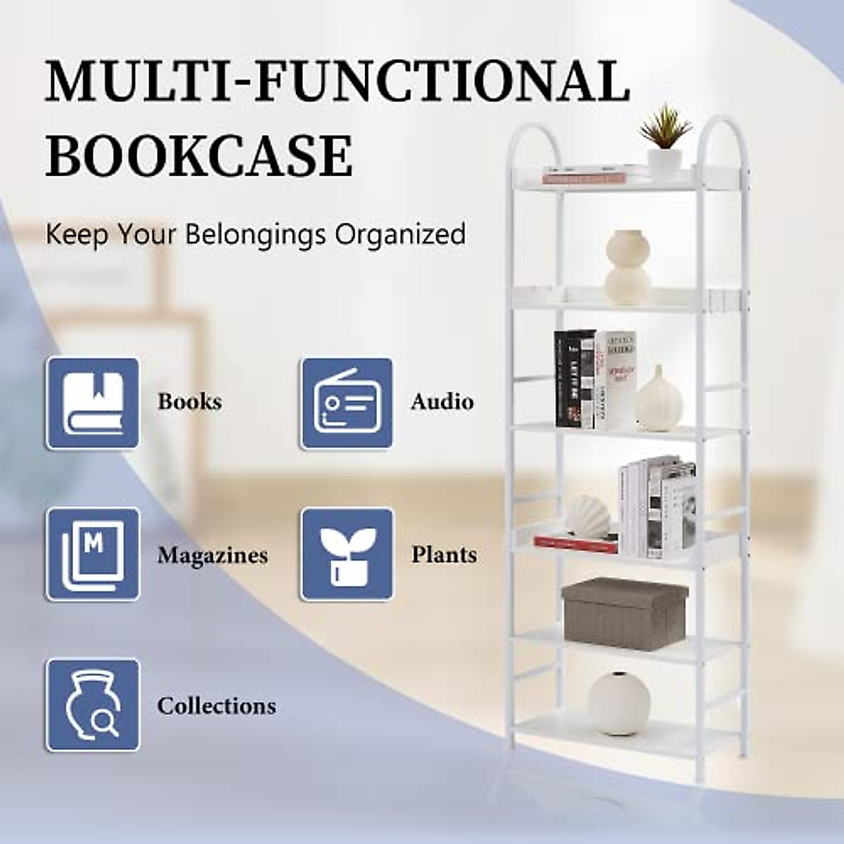 AVGVLIJ Tall Bookcase, 6 Tier Bookshelf Storage Organizer, Modern Book Shelf Adjustable Foot Pads for Bedroom, Bathroom, Living Room and Home Office (White)