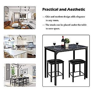 Giantex 3 Pcs Dining Table and Chairs Set with Faux Marble Tabletop 2 Chairs Contemporary Dining Table Set for Home or Hotel Dining Room, Kitchen or Bar (Black)
