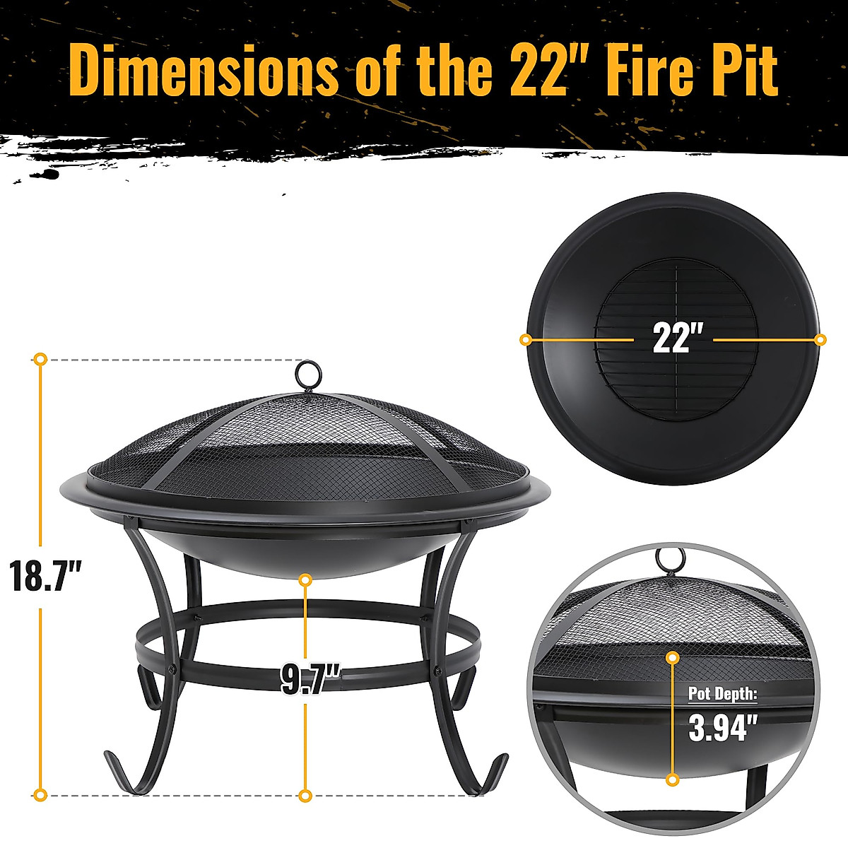 LEMY 22 Inch Outdoor Firepit Wood Burning BBQ Grill Steel Firepit Bowl for Patio Backyard Garden Camping Picnic Bonfire w/Spark Screen Cover, Log Grate, Fire Poker