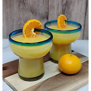 Dos Sueños Mexican Hand Blown Glass – Set of 4 Hand Blown Stemless Aqua Rim Margarita Glasses (14oz)