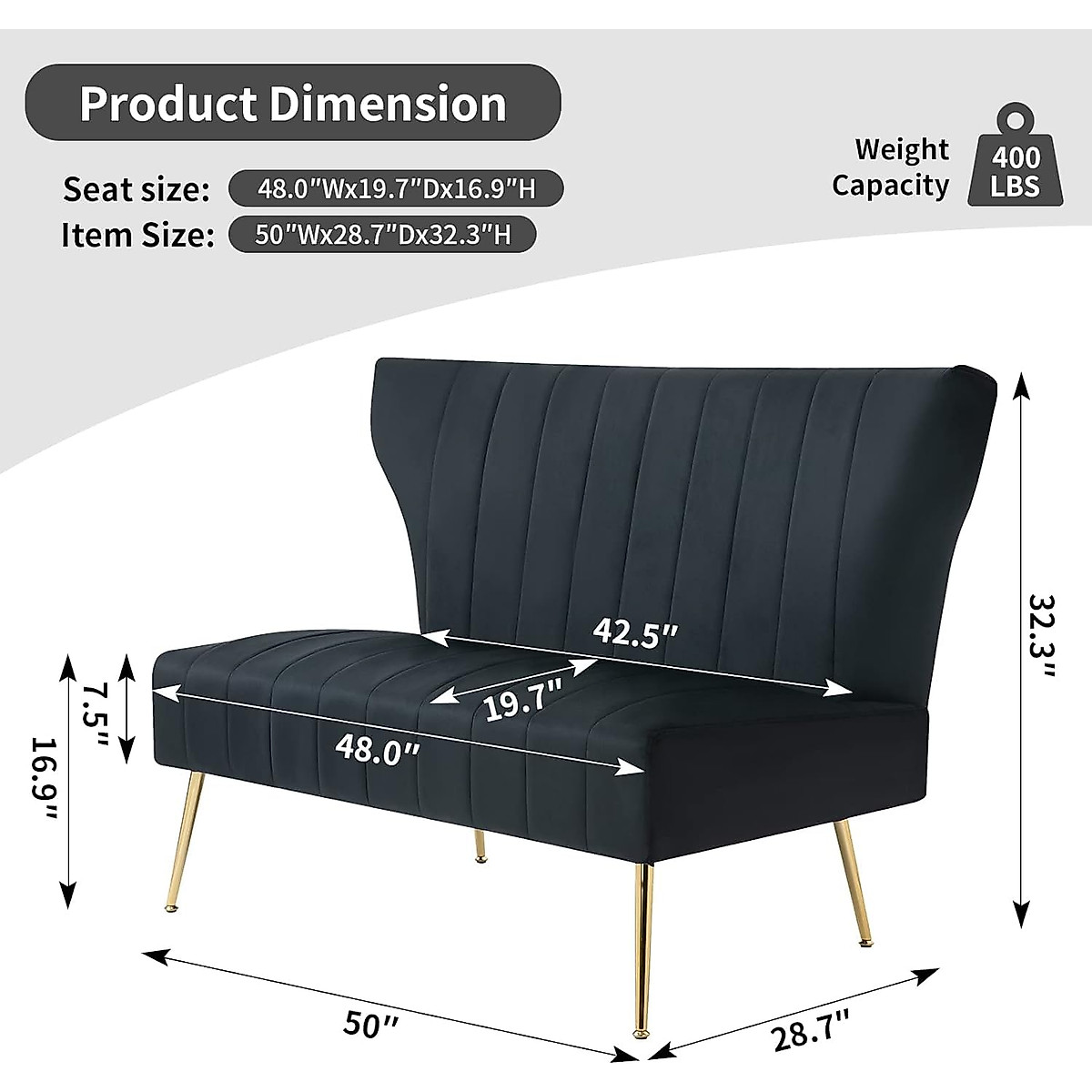 WQSLHX 50’’ Velvet Modern Armless Loveseat Sofa, Upholstered Small Wingback Couch Sofa with Golden Metal Legs, 2 Seater Tufted Couch for Bedroom, Apartment Small Space, Black