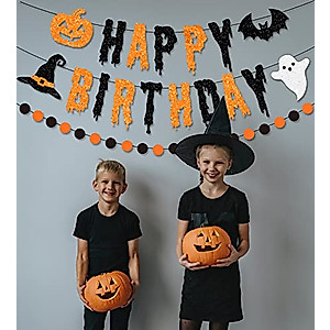 PTFNY Glittery Halloween Happy Birthday Banner Black Orange Halloween Birthday Bunting Banner Halloween Circle Dots Garland Halloween Themed Birthday Party Decorations for Wall Fireplace Party Decor