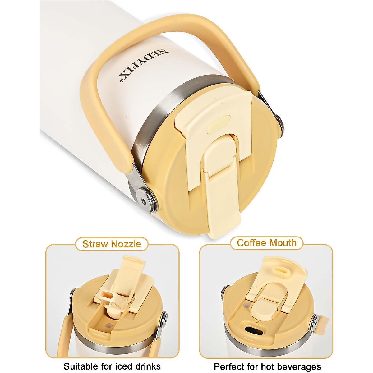 Nedyfix 32 Oz Tumbler with Handle Vacuum Insulated Water Bottle Stainless Steel Tumbler Car Reusable Cup Cold for 12 Hours-Beige White