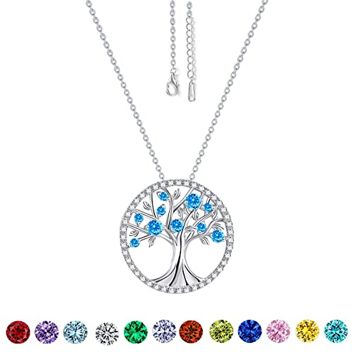 March Sterling Silver Birthstone Life Tree Necklaces S925 Birthday Necklace for Women Girls Mom Wife Daughter Grandma Necklace Valentines Mother