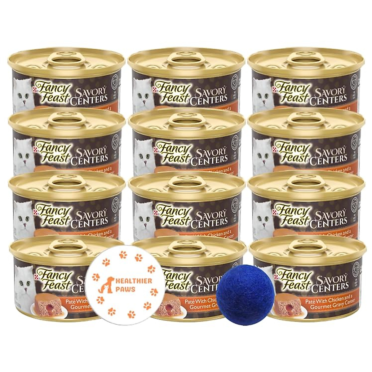 Healthier Paws Fancy Feast Pate Wet Cat Food, Savory Centers Pate with Chicken and a Gourmet Gravy Center 3 oz. 12 Cans Sticker Plus Colorful Plush Ball Cat Toy