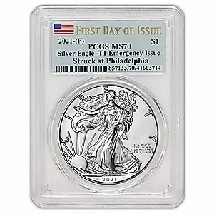 2021 (P) 1 oz American Silver Eagle MS-70 (Struck at Philadelphia - T-1 - Covid Emergency Issue - First Day of Issue - Flag Label) $1 MS70 PCGS