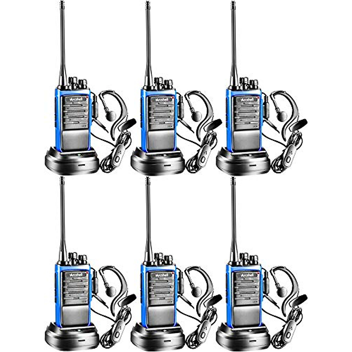 Arcshell Rechargeable Long Range Two-Way Radios with Earpiece 6 Pack Walkie Talkies Li-ion Battery and Charger Included