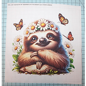 Fabric Panel 8"x8" Sloth & Butterflies 100% Cotton Quilting Sewing Square M2520