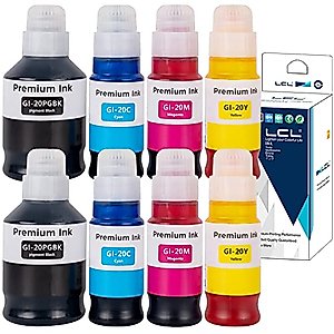 LCL Compatible Ink Bottle Replacement for Canon GI20 GI-20 GI-20PGBK GI-20BK GI-20C GI-20M GI-20Y PPIXMA G5020 G6020 G7020 (2Black 2Cyan 2Magenta 2Yellow 8-Pack)