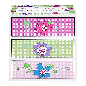 Small Floral Little Girls Jewelry Box with 3 Drawers and Flower Knobs, Square Wooden Organizer for Necklaces, Earrings, Rings, Kids Ages 4-13 Hair Accessory Storage (6 x 4.5 In)