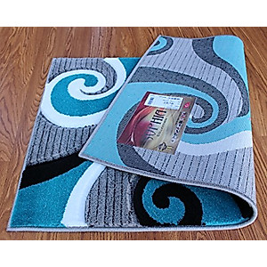Masada Rugs, Sophia Collection Hand Carved Mat Modern Contemporary Turquoise White Grey Black (2 Feet X 3 Feet 4 Inch) Welcome Mat, Doormat, Bathroom Rug, Kitchen Mat, Small Space Rug