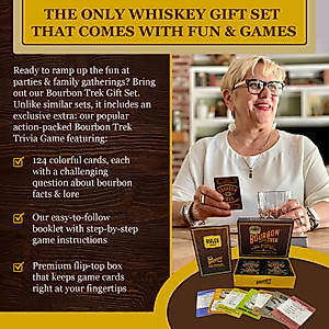 Boxed Set of Whiskey Gifts for Men - Includes Popular Whiskey Trivia, 2 Bourbon Glasses, 6 Stones, 2 Slate Coasters, 1 Wooden Freezer Tray & Stainless Steel Tongs - All in 1 Premium Giftable Box