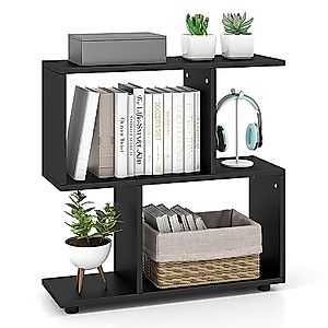 Tangkula 2 Tier Geometric Bookshelf, Freestanding Wood Display Shelf, Home Office Décor Room Divider S Shaped Open Bookcase, Small Bookshelf for Small Spaces, Living Room, Bedroom, Study (Black, 1)