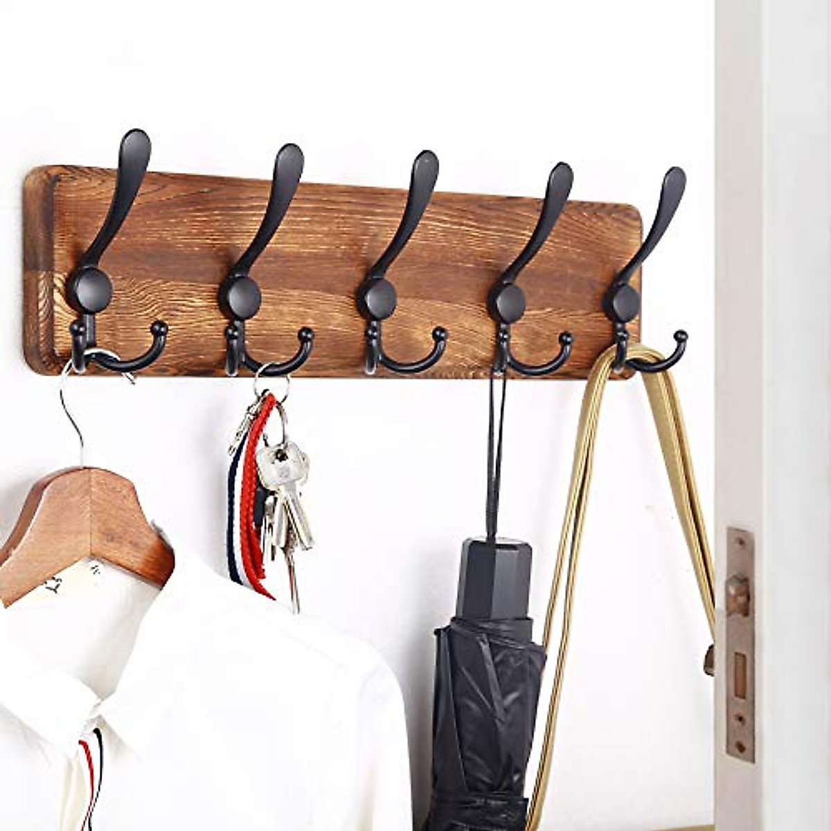 WEBI Coat Rack Wall Mount,Coat Hooks Wall Mounted,16’’ Hole to Hole,Wood Coat Hanger Wall,Hook Rack Rail,5 Triple Hooks for Hanging Coats,Jacket,Clothes