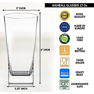 Highball Glasses [Set of 4] + 4 Stainless Steel Straws, 16 oz Lead-Free Crystal Clear Glass, Elegant Drinking Cups for Water, Wine, Beer, Cocktails and Mixed Drinks - Round Top, Square Bottom