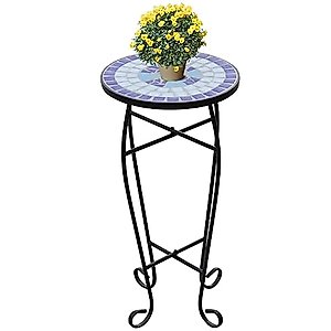 YAFF Mosaic Side Table Plant Table, Round End Table for Patio Porch Indoor Outdoor Accent Table, Small Coffee Table for Garden Porch Living Room Balcony Deck Porch Pool Blue White