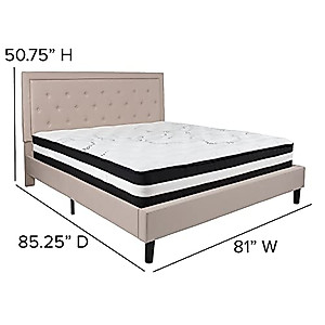 Flash Furniture Roxbury King Size Tufted Upholstered Platform Bed in Beige Fabric with Pocket Spring Mattress