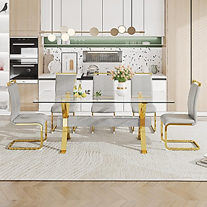 HAIZAO 79 inch Glass Dining Table Set for 8, Tempered Glass Tabletop with Golden Plated Metal Legs & Grey MDF Crossbars, PU Faux Leather Chairs with Golden Metal Legs, for Kitchen, Light Grey