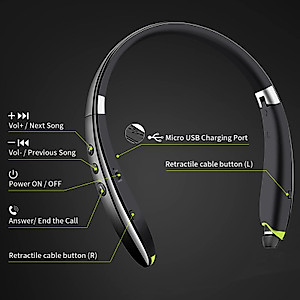 LOVOCOO Bluetooth Headset, [2021 Upgraded] Neckband Bluetooth Headphones with Retractable Earbuds, Noise Cancelling Stereo Wireless Earphones with Mic for Sports Office (with Carry Case)