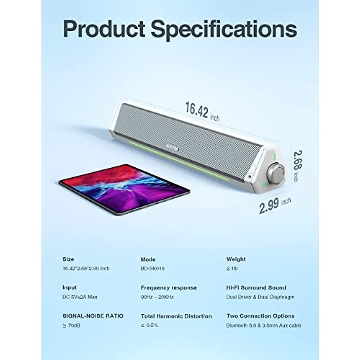 Computer Speakers, Bluetooth Computer Soundbar, HiFi Stereo, 3.5mm Aux-in Connection, USB Powered Computer Speakers for Desktop Monitor, PC, Laptop, Tablets