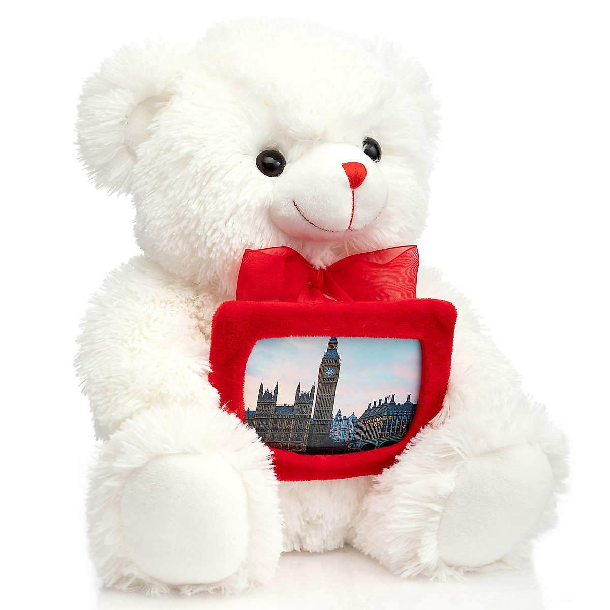 HollyHOME Teddy Bear Stuffed Animal Plush Bear with Red Bow Holding a Picture Frame Soft Plush Toy Christmas Valentine's Day Gift 12 Inches White