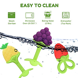 SLGOL Fruit Teething Toys for Babies 4 Pack, BPA Free Silicone Teethers for 3 Month+ Little Boy & Girl Cute Infant and Shower Gifts