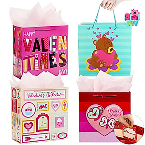 JOYIN 8 Pcs Valentine’s Day Gift Bags with Tissue Paper and Handles,Large Kraft Bags with Pockets for Gift Cards, Goody Bags for Gift Exchange Present Wrapping Party Favor (5X 11.9 X 11.9 inch)
