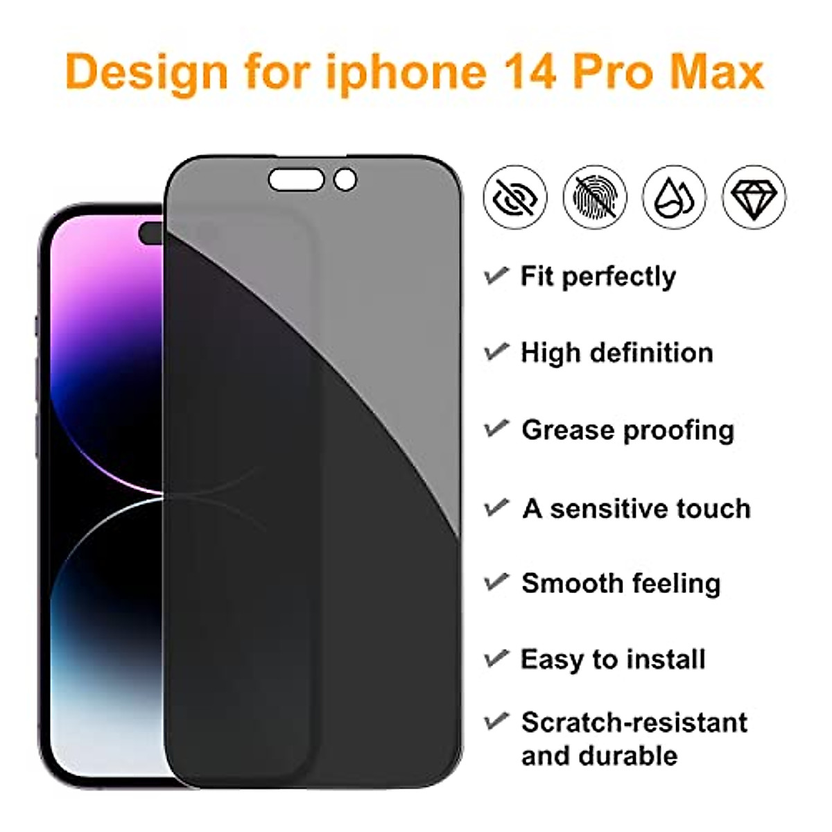 Pehael [2+2 Pack] iPhone 14 Pro Max Privacy Screen Protector with Camera Lens Protector Full Coverage Anti-Spy Tempered Glass Film 9H Hardness Upgrade Edge Protection Easy Installation Bubble Free Specially Designed for iPhone 14 Pro Max [6.7 inch]