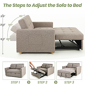 SEJOV 3-in-1 Convertible Sofa Bed, Linen Fabric Sleeper Couch Pull Out Bed, 49" 2-Seater Loveseat Futon Sofa with Spring Support, Adjustable Backrest and Pillows for Small Spaces, Living Room