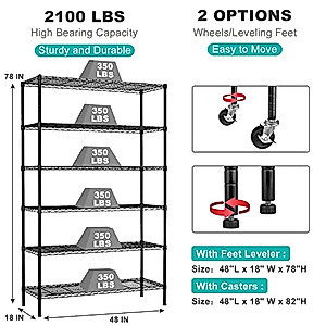 BLKMTY 6 Tier Wire Shelving Unit Adjustable Storage Shelves Metal Shelf with Wheels Wire Rack for Garage Basement Kitchen Racks 2100lbs Capacity Metal Pantry Shelves 48"x18"x82", Black