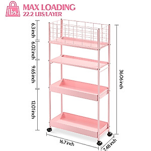 KINGRACK Slim Storage Cart,4-Tier Metal Utility Rolling Cart with Wheels,Slide Out Storage Cart, Skinny Storage Rolling Cart,Storage Trolley Cart for Office Bedroom Bathroom Narrow Place,Pink