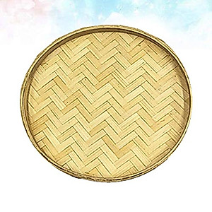 Healifty Round Basket Tray Wicker Round Fruit Basket Woven Food Storage Weaved Shallow Tray Organizer Decorative Rack Display Kids DIY Drawing Board 42cm Round Woven Basket