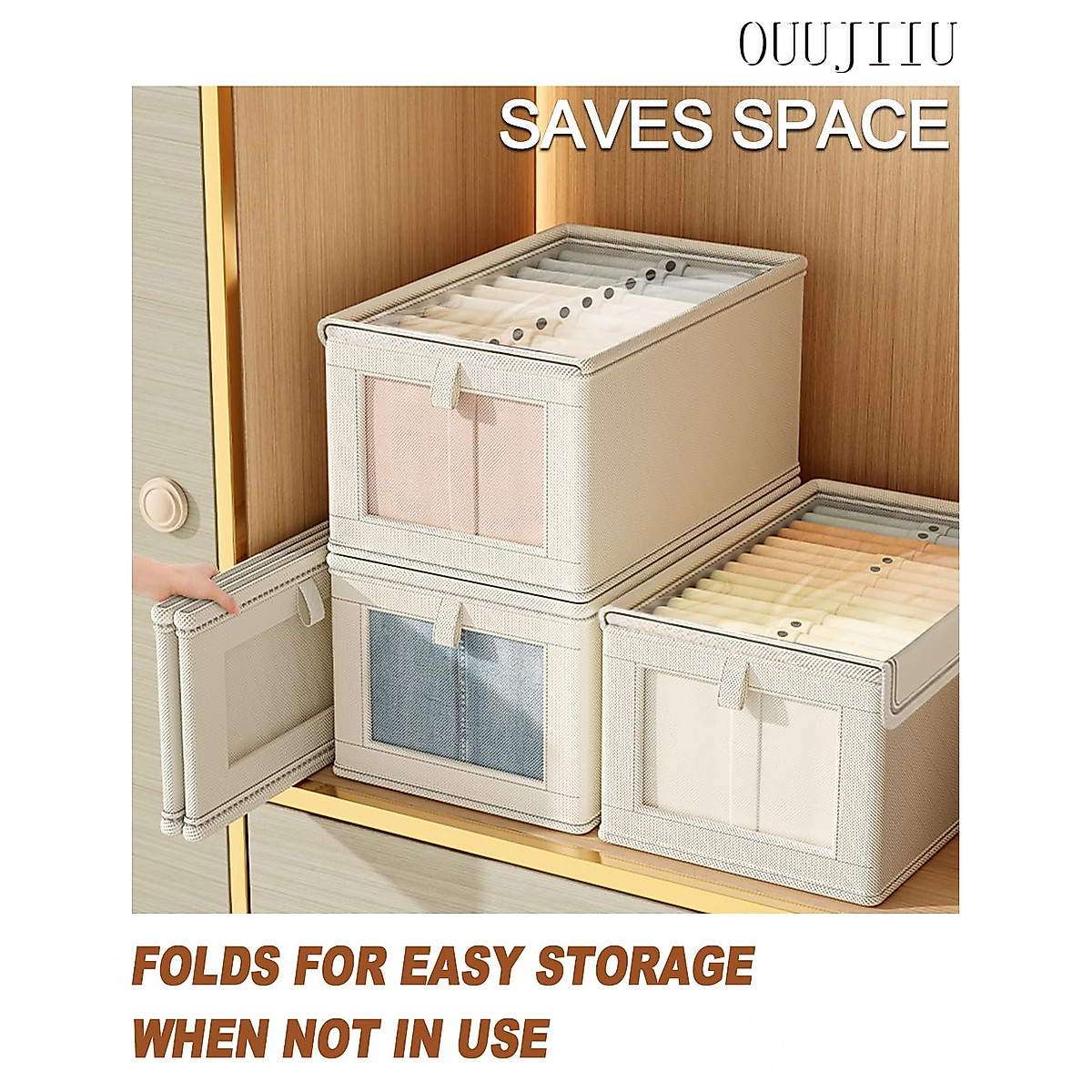 OUUJIIU Large Storage Baskets for Shelves | Sturdy Fabric Closet Storage Bins for Organizing with Clear Window| 17"x10"x8" Collapsible Home Organization with Lid, Beige, 3-Pack