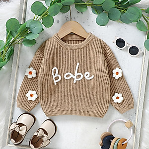 Baby Girl Cable Knit Sweater Long Sleeve Boho Floral Embroidery Oversized Sweatshirt Warm Fall Winter Clothes (Khaki-Babe, 6-9 Months)
