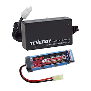 Tenergy Airsoft Battery 8.4V 1600mAh NiMH Flat Battery Pack w/Mini Tamiya Connector for Airsoft Gun + 8.4V-9.6V NiMH Battery Charger w/Mini Tamiya Connector and Standard Tamiya Adapter