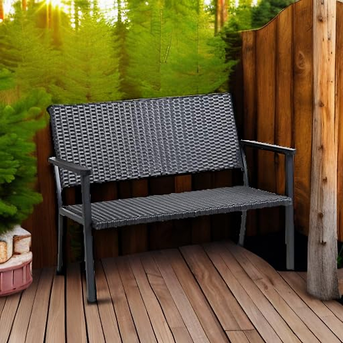 C-Hopetree Outdoor Loveseat Bench Chair for Outside Patio Porch, Metal Frame, Black All Weather Wicker
