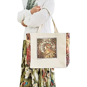 HaoHakka Tote Bag Aesthetic, Canvas Graphic Trendy Cute Tote Bags with Zipper Pockets (Alphonse Mucha) Beige