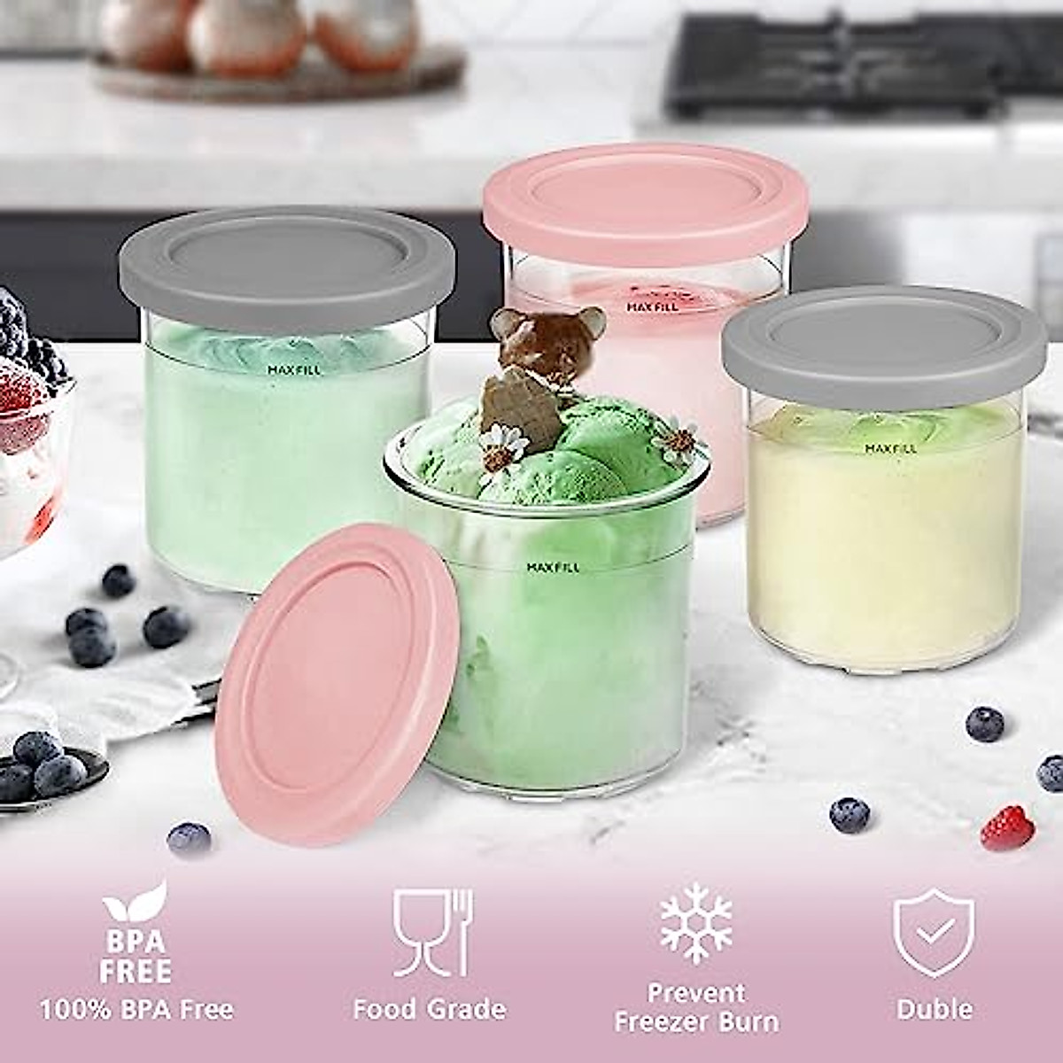 Ice Cream Machines Containers Lids BPA-Free & Dishwasher Safe, Containers Replacement Pints and Lids Compatible with NC299AMZ & NC300s Series Creami Ice Cream Makers(Pink/Grey)