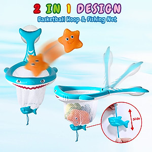 Bath Toys Fishing Game - Wind up Swimming Whales Bathtub Pool Water Table Toys with Fishing Pole Shark Net Floating Squirt Water Toys Gifts for Kids Boys Girls Toddlers Age 3 4 5 6 7 8+