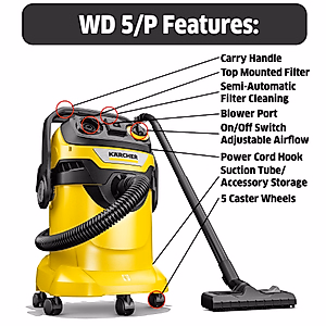 Kärcher - WD 5/P Multi-Purpose Wet-Dry Vacuum Cleaner - 6.6 Gallon - With Attachments – Blower Feature, Semi-Automatic Filter Cleaning, Space-Saving Design - 1100W - 2022 Edition,Yellow
