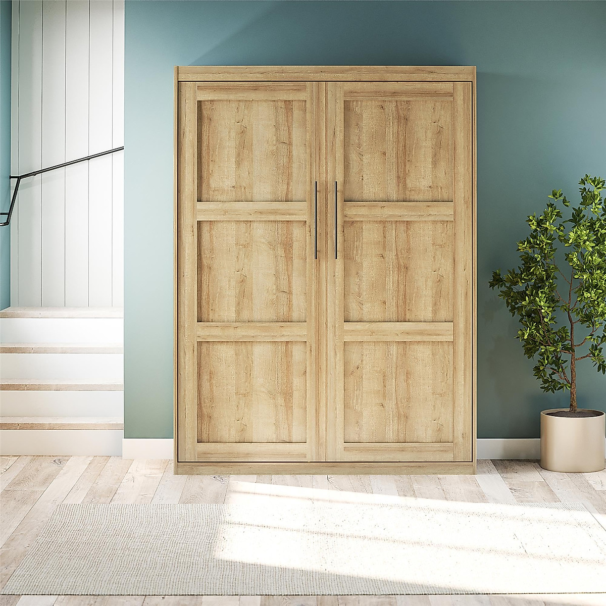 REALROOMS Radiance Queen Size Wood Fold Out Murphy Wall Bed with Gallery Shelf and Touch Sensor LED Lighting Space Saving Bedframe for Bedroom and Guest Room, White