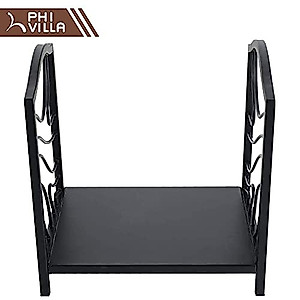 PHI VILLA 17 Inch Firewood Log Rack Bin Indoor/Outdoor Decor Steel Fireplace Wood Holder Storage Brackets Holder Wood Burning Stove Accessories, Black Wave