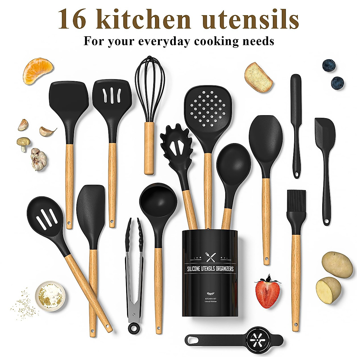 Kitchen Utensils Set, AIKKIL16 Pcs Cooking Utensils Set with Holder, Heat Resistance, Black Wooden Handle Silicone Kitchen Gadgets Utensil Set for Nonstick Cookware