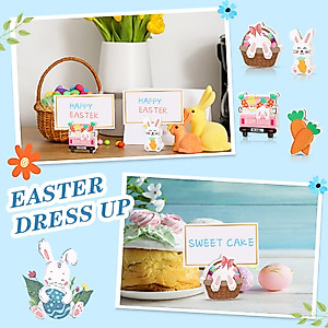 Kigley 18 Pcs Easter Bunny Eggs Wooden Place Card Holder with 25 Pcs Gold Foil White Card Easter Wooden Table Sign Bunny Easter Eggs Picture Number Sign Stands Holder for Spring Party (Cute)