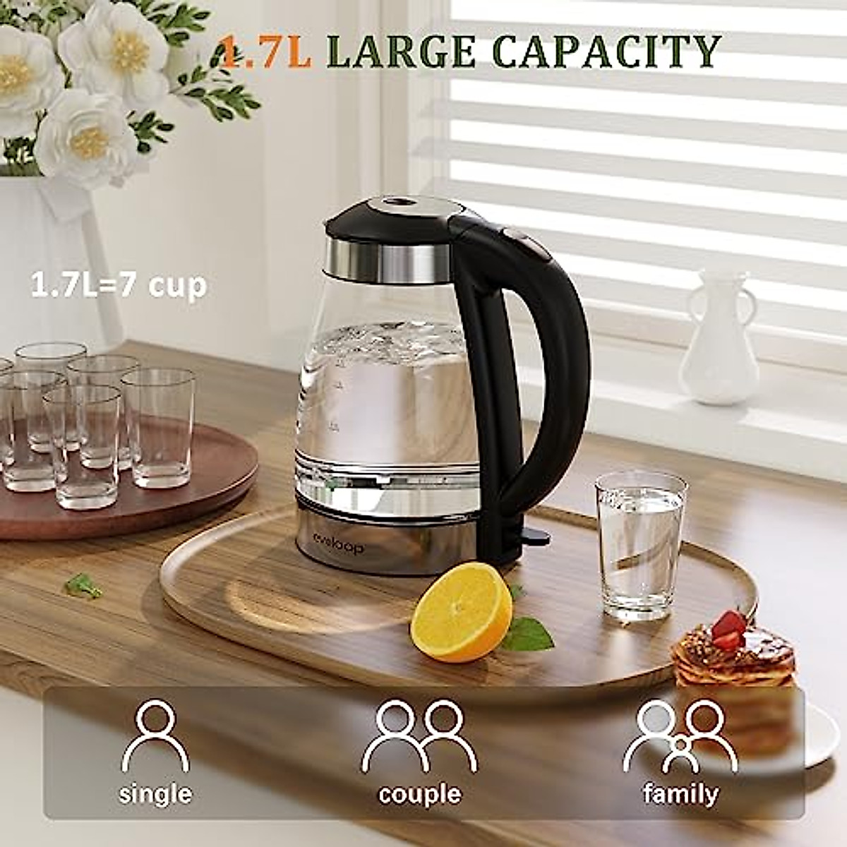 Evoloop Electric Tea Kettle 1.7L Hot Water Boiler, 1500W Glass Water Kettle with Auto Shut-Off & Boil Dry Protection, BPA Free, Cordless Base & LED Indicator