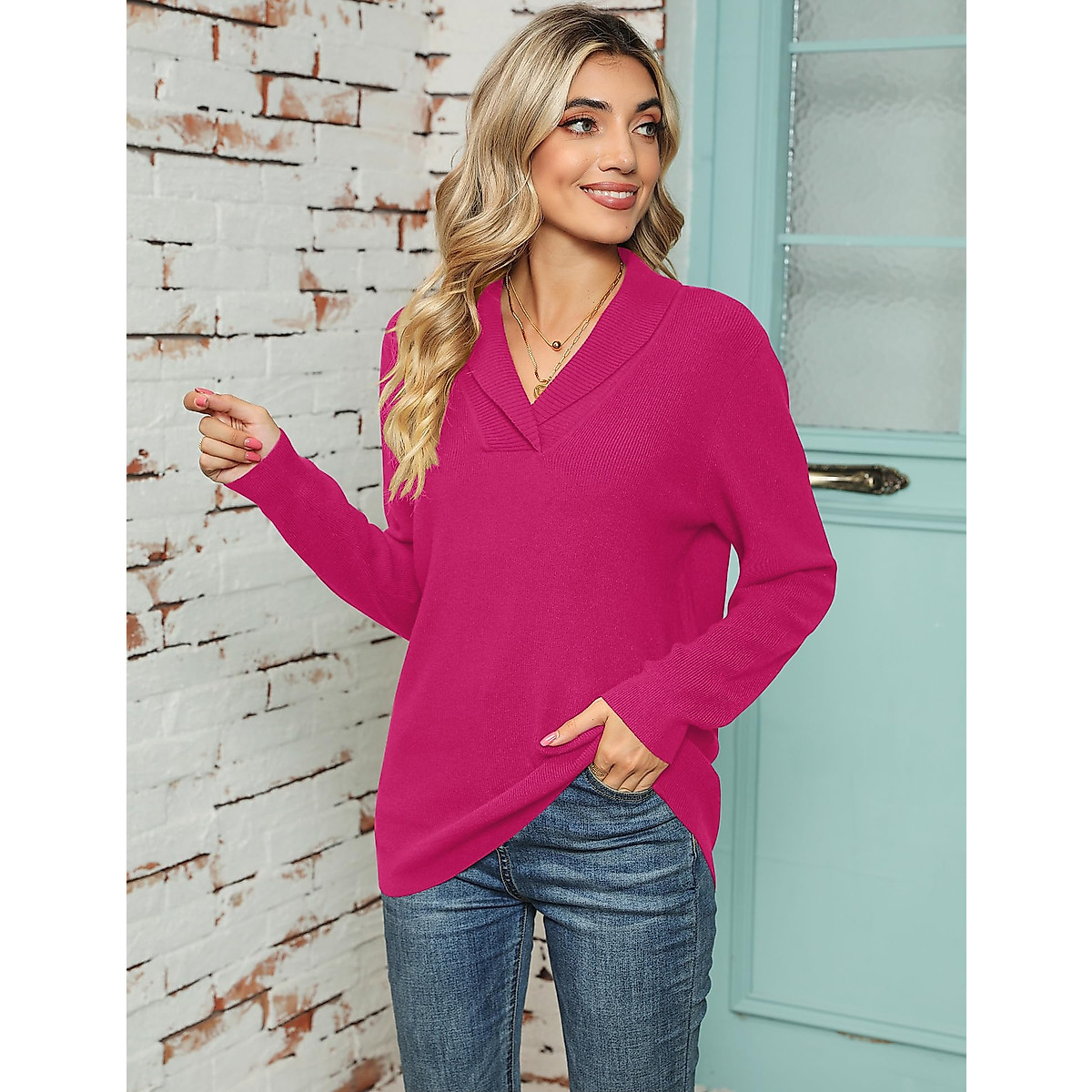 Ivicoer Sweater for Women Collared V Neck Pullover Ladies Knitted Long Sleeve Tops Casual Fall Winter Trendy