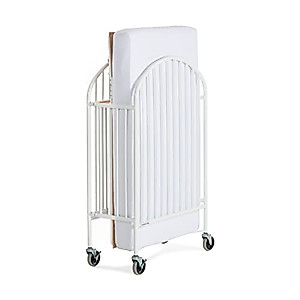 Foundations Pinnacle Folding Steel Crib, Portable Baby Crib with Commercial Grade 3" Casters, Heavy Duty Steel Hotel Crib, Includes 4 Inch Foam Mattress, White
